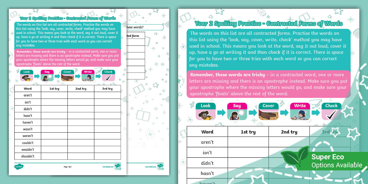 Year 2 Spelling Practice - Contracted Forms of Words