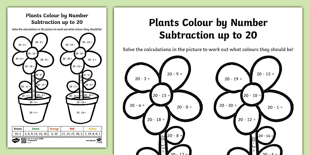 Colour by numbers flowers | Subtraction to 20 sheet | Twinkl
