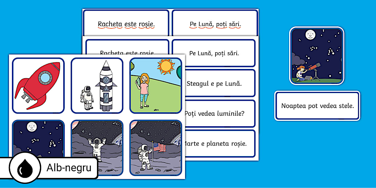 Spațiul cosmic – Cartonașe cu imagini si propoziții
