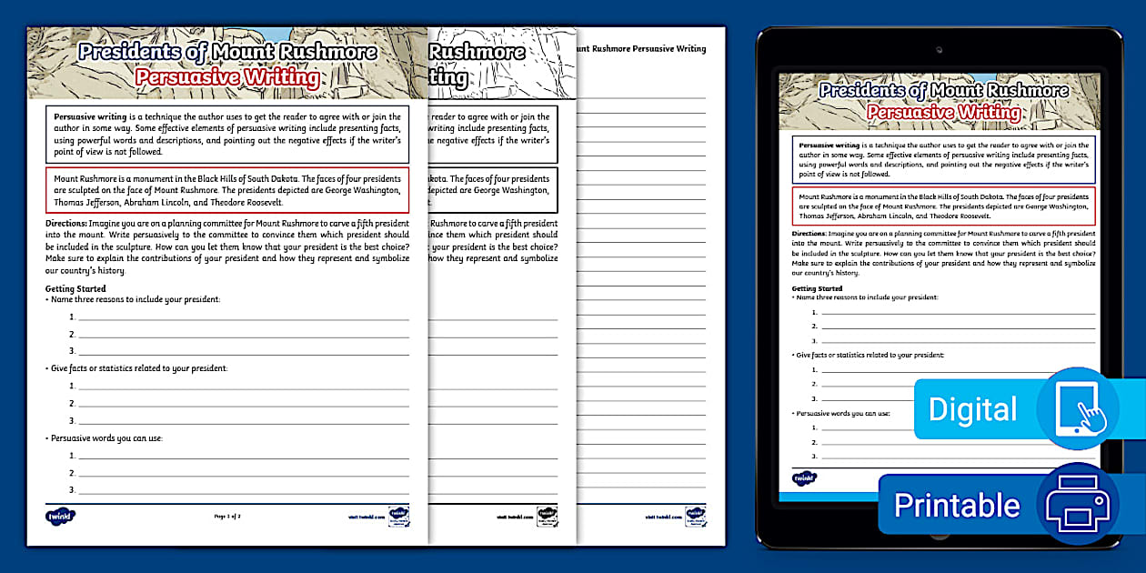Presidents of Mount Rushmore Persuasive Writing Worksheet