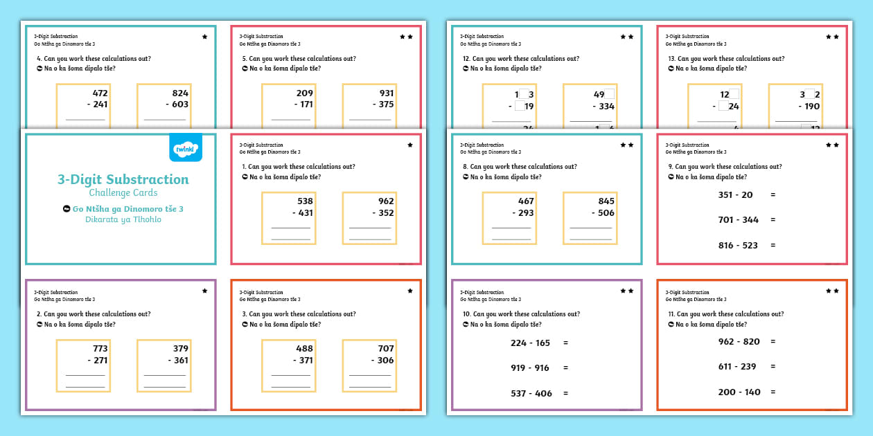 Junior Maths 3-Digit Subtraction Challenge Cards-Sepedi