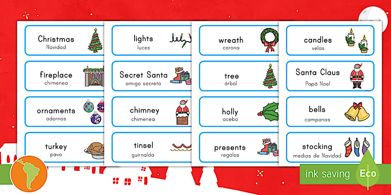 Christmas Topic Word Cards English/Spanish (teacher made)