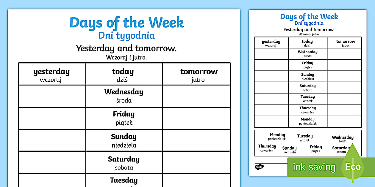 Black and White Days of the Week Yesterday and Tomorrow Worksheet