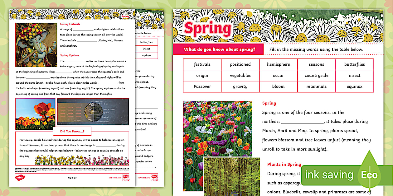 Spring Cloze Worksheet (teacher made) - Twinkl