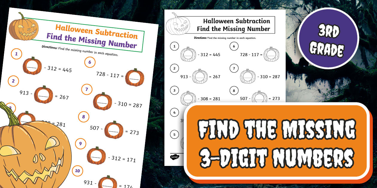 Third Grade Halloween Find the Missing Number Subtraction