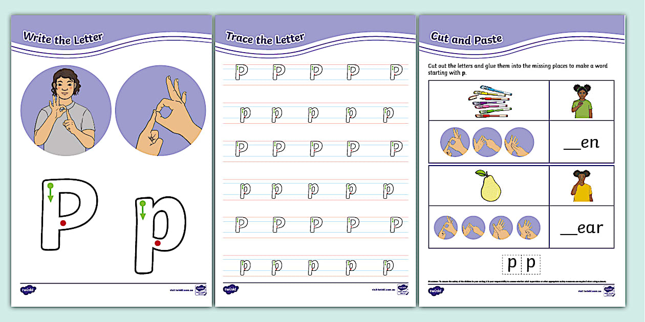 Letter P Handwriting Worksheets with Auslan