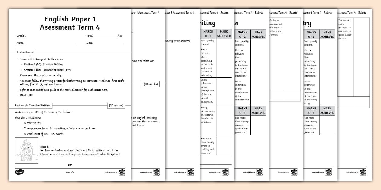 Grade 4 English Exam Paper 1 Term 4 (teacher made) - Twinkl
