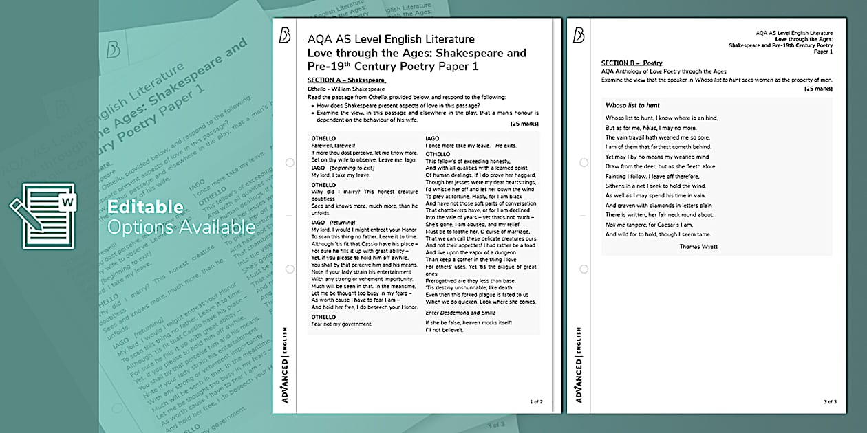 AS English Literature MicroPaper: Paper 1 Othello and Whoso List to Hunt