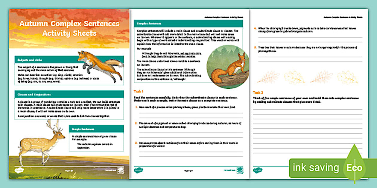 Complex Sentences Activity Sheets Autumn - Twinkl