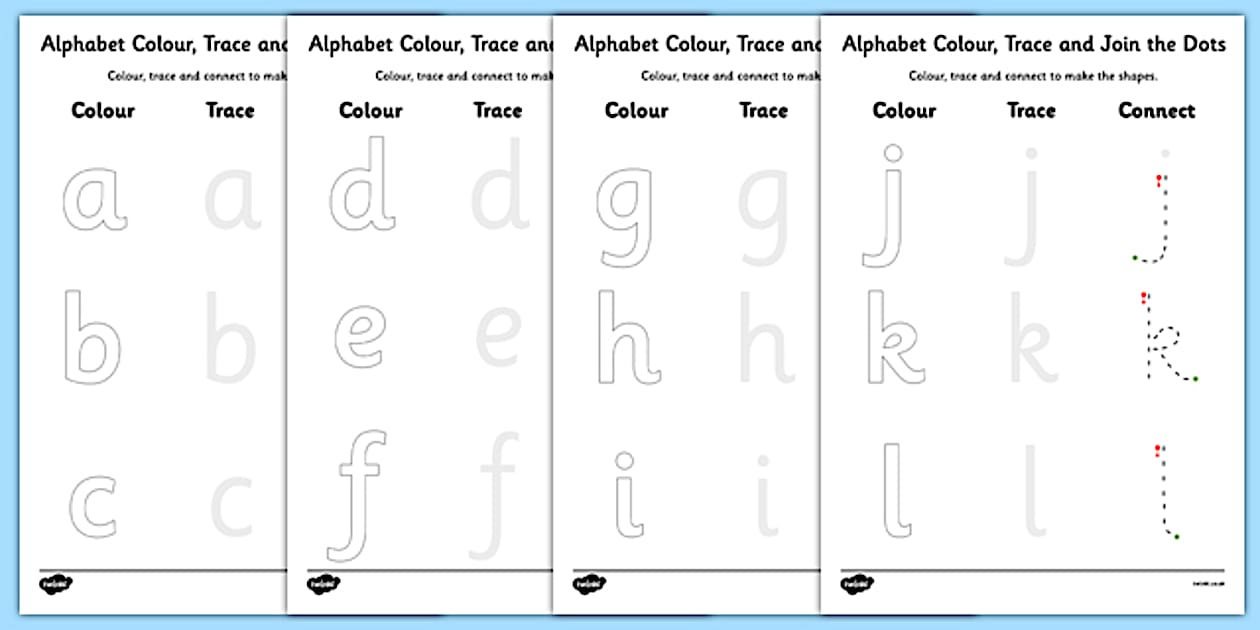 Black and White Alphabet Colour Trace and Join the Dots Worksheets