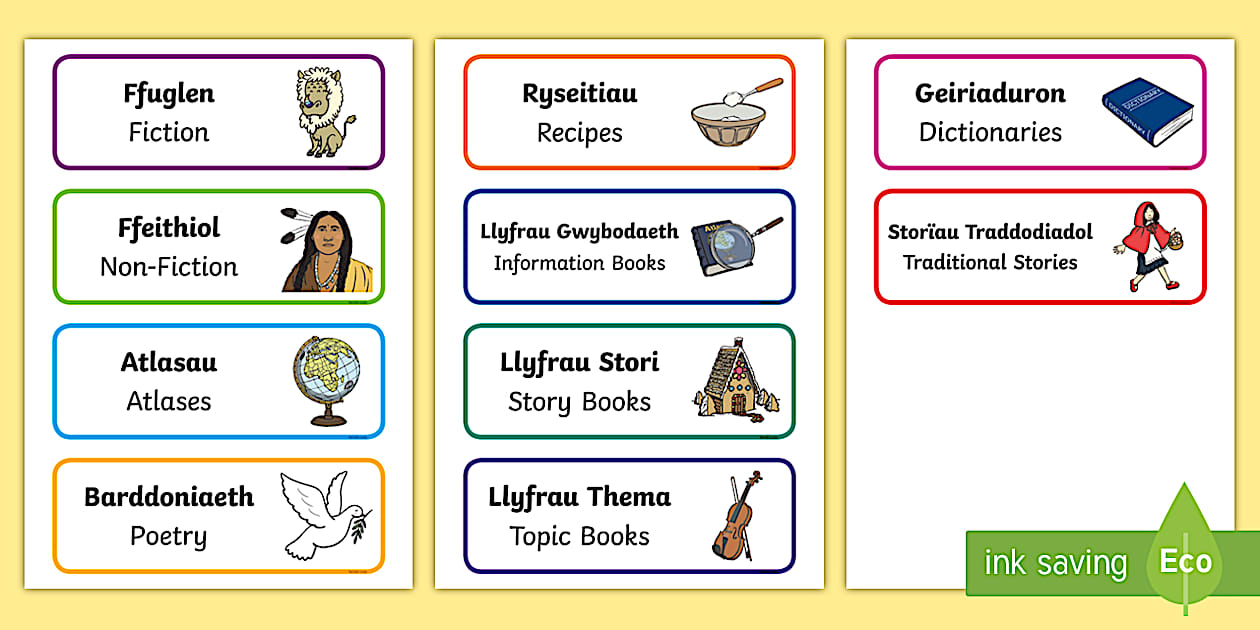 Welsh Library Display Labels - Book Corner | Made by Twinkl
