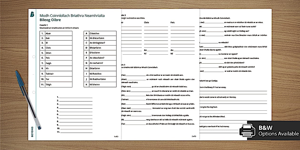 Modh Coinníollach - Briathra Neamhrialta Bileog Oibre