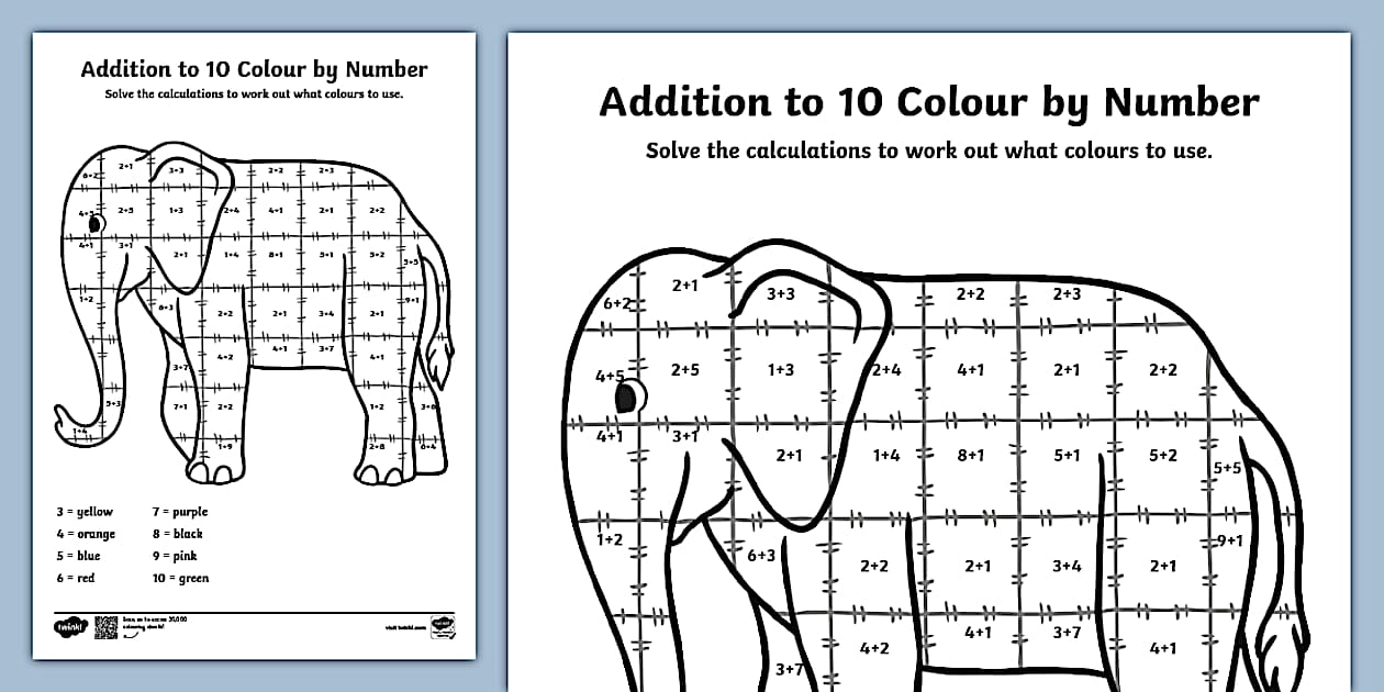 Addition To 10 Colour By Numbers Sheet Elmer (teacher made)