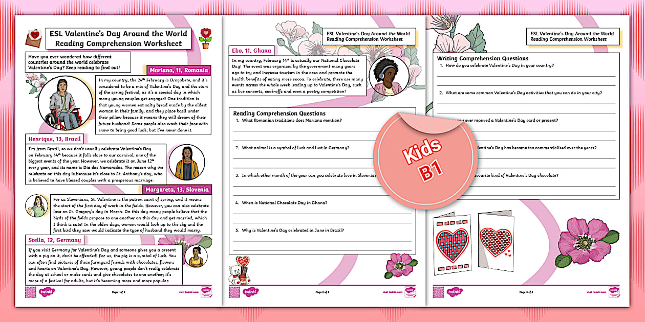 ESL Valentine's Day Around the World Reading Comprehension Worksheet