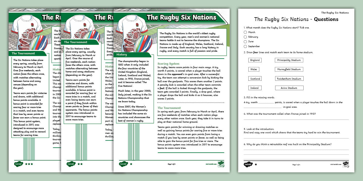 UKS2 The Rugby Six Nations Differentiated Reading Comprehension Activity