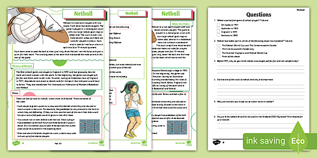 Netball for Kids Reading Comprehension - Teaching Resource