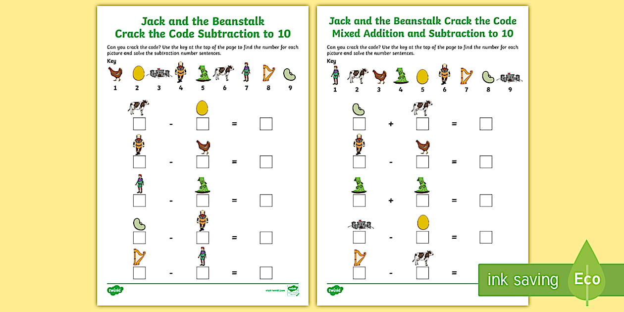 Jack and the Beanstalk Crack the Code Subtraction to 10 Worksheets