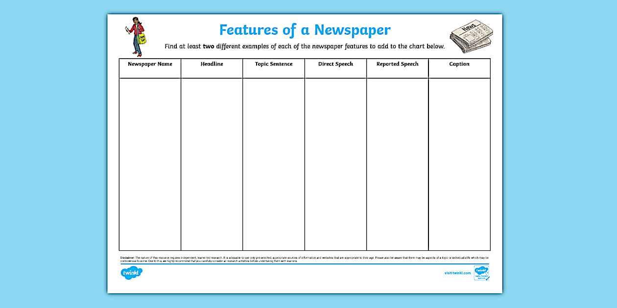 Features of a Newspaper Chart Activity (teacher made)