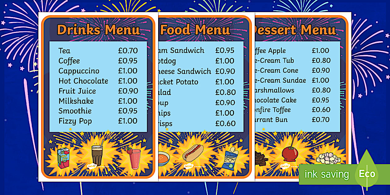 Editable Bonfire Night Food Stall Role Play Menu - Twinkl