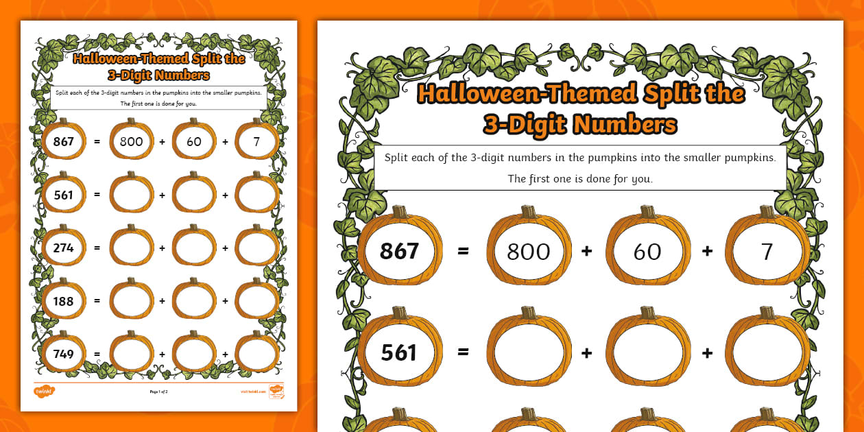 Halloween-Themed Split the 3-Digit Numbers Activity Sheet