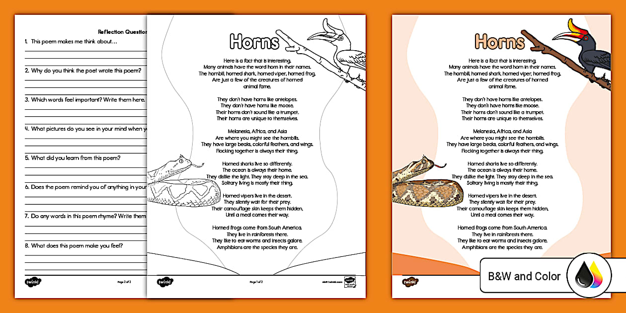 Second Grade Poetry Analysis Worksheet: Horns (teacher made)