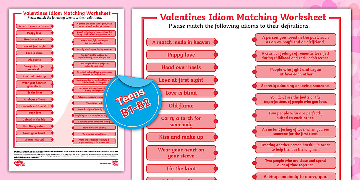 ESL Valentine's Day Idiom Matching Worksheet (teacher made)