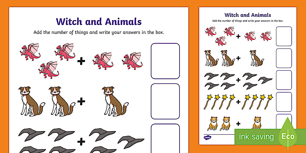 Editable Witch and Animals Addition Sheet Up to 10 - Twinkl