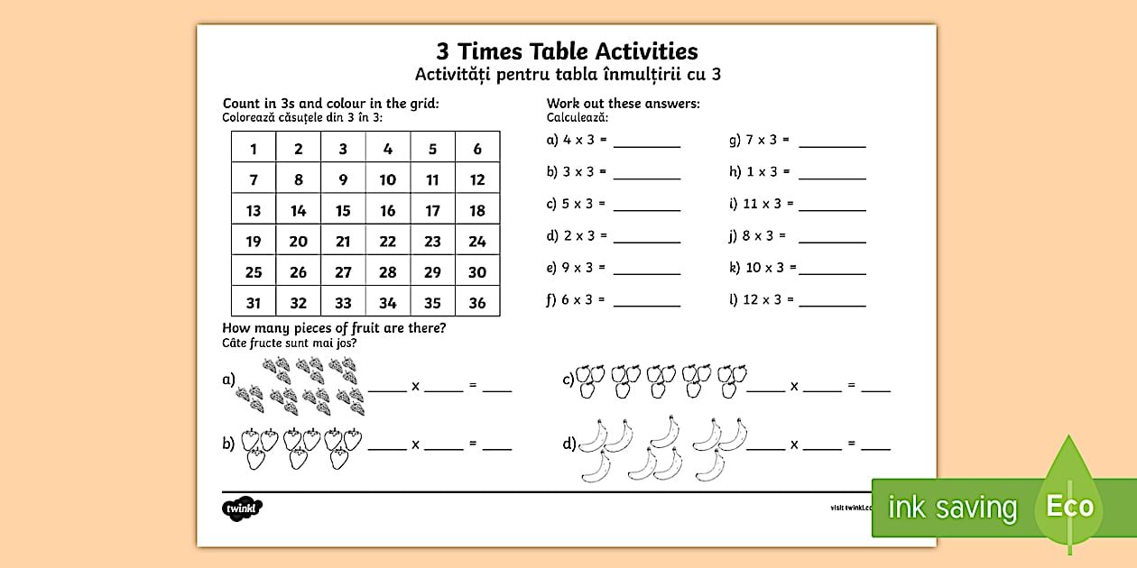 3 Times Table Worksheet / Worksheet English/Romanian