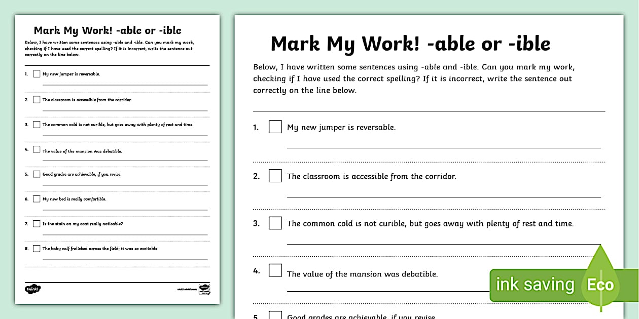 Mark My Work! -able or -ible (teacher made) - Twinkl
