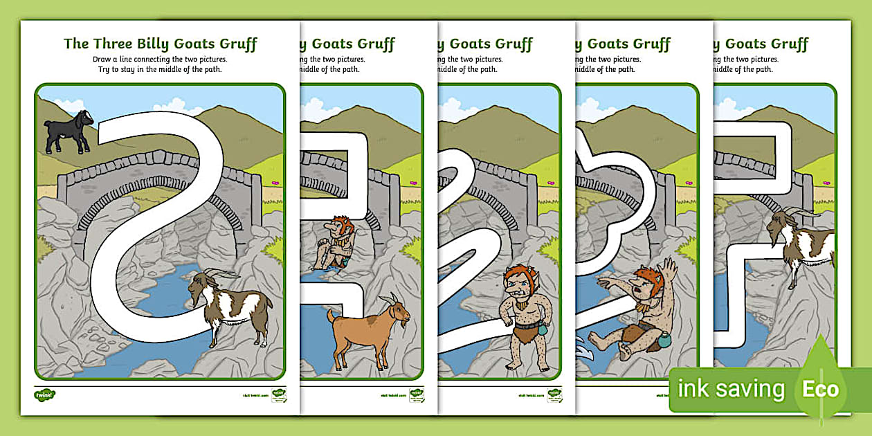 The Three Billy Goats Gruff Pencil Control Path Worksheets - path