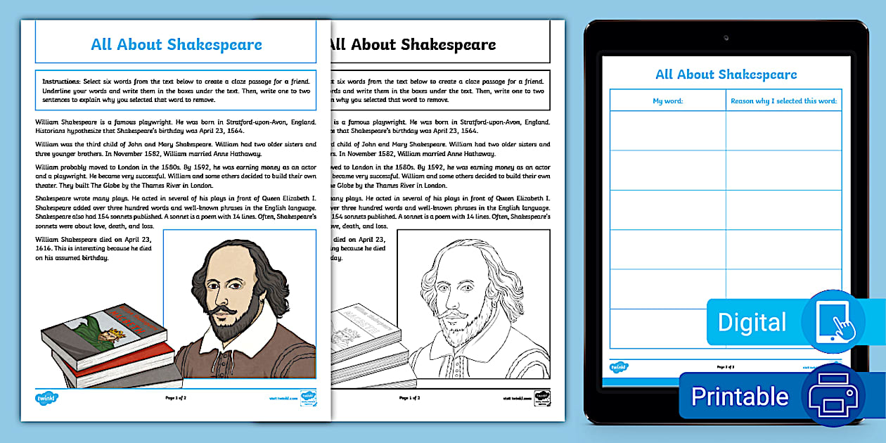 Third Grade All About Shakespeare Reverse Cloze Activity