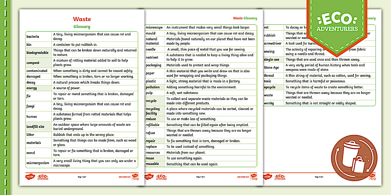 Year 2 Waste: Key Vocabulary Glossary (teacher made)