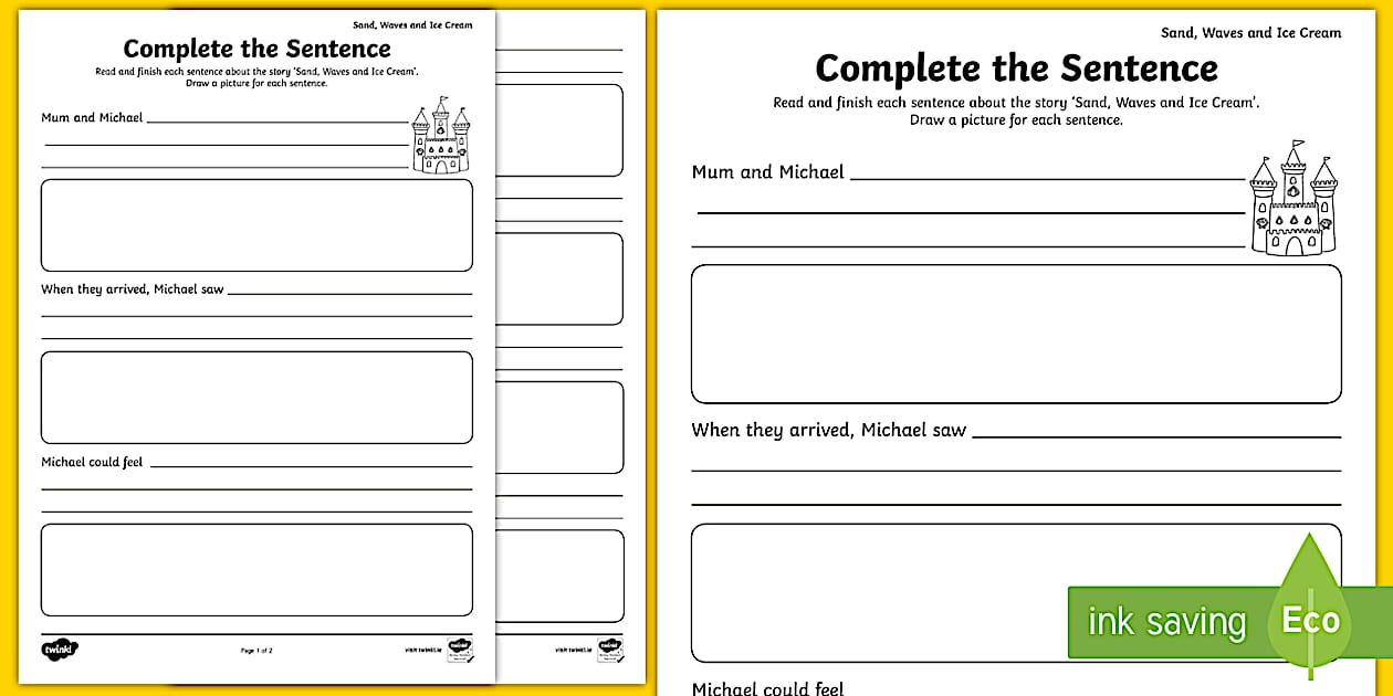 Sand, Waves and Ice Cream Read and Complete the Sentence Worksheet ...