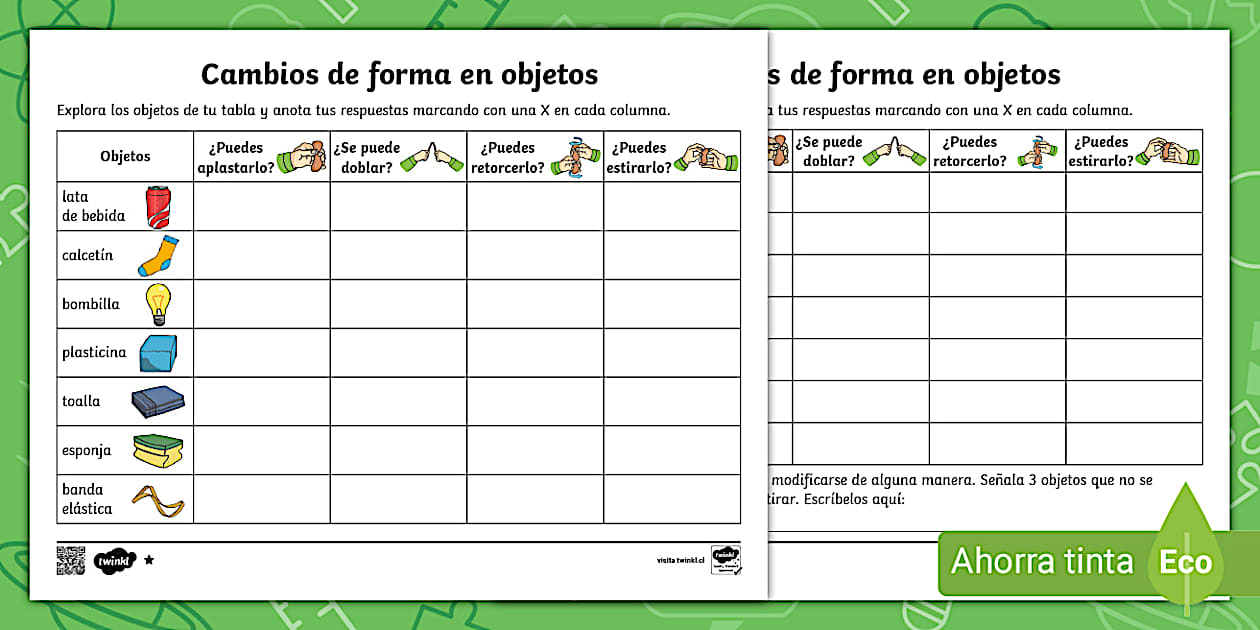 Guía de Trabajo: Cambios de forma en objetos - Twinkl