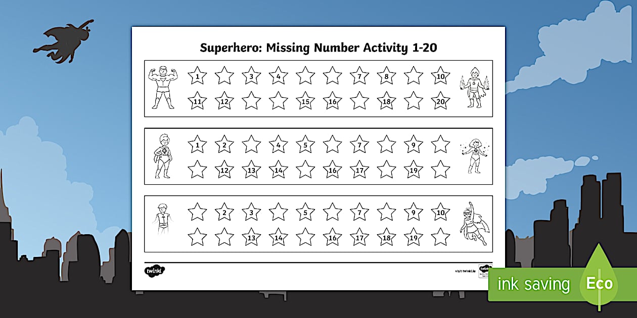 Superhero Missing Number 1-20 Worksheet (creat de profesori)