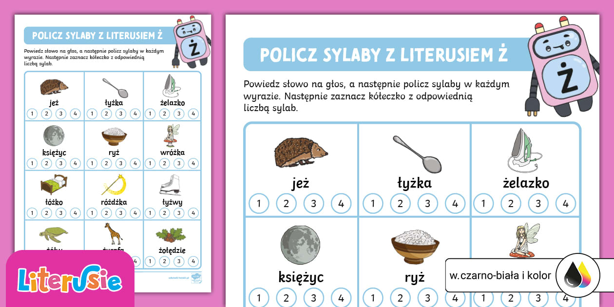 Literuś Ż | Policz sylaby w wyrazach z Ż | Karta pracy