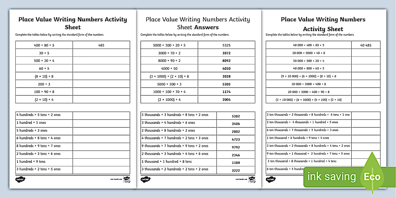 Place Value Writing Numbers Activity Sheets - Primary Task
