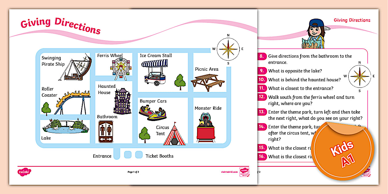 ESL Giving Directions Theme Park Activity [Kids, A1]