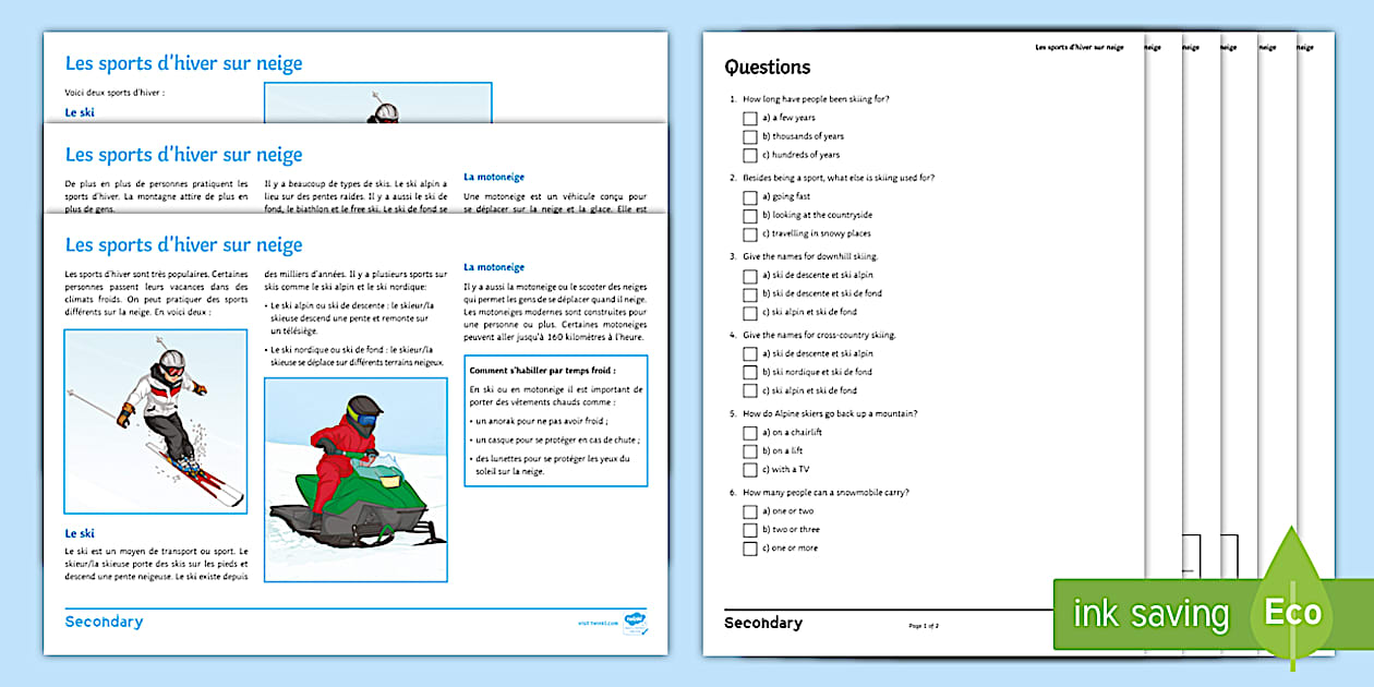 Winter Sports on Snow Differentiated Reading Comprehension Activity French