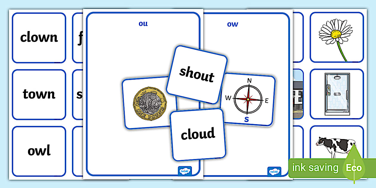 Black and White ou and ow Alternative Spelling Word Sorting Activity Sheet