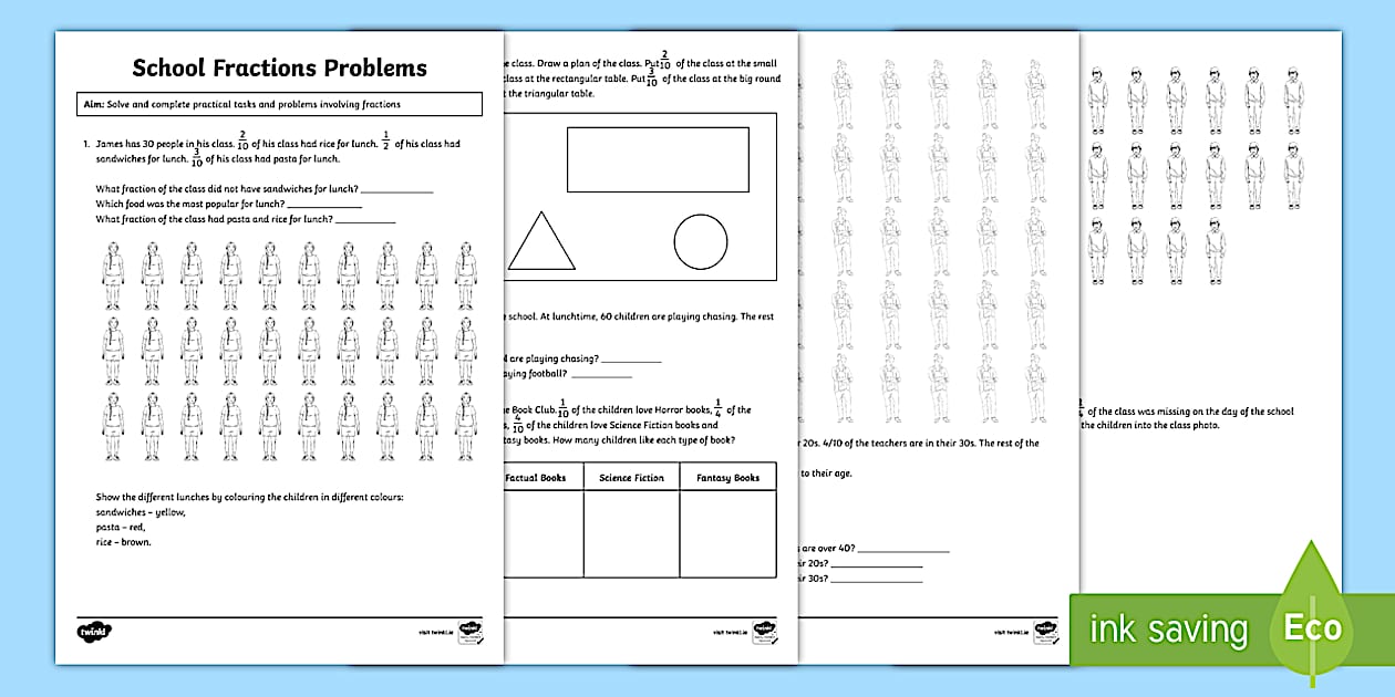 School-Themed Fraction Problems Worksheet - Twinkl