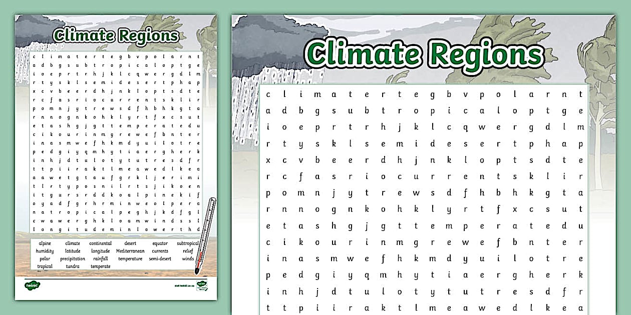 Gr 8 Geography: Climate Regions Word Search (teacher made)