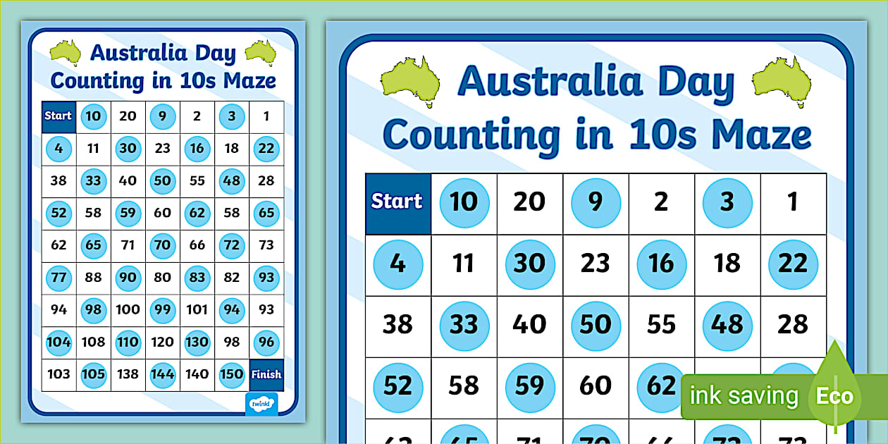 Australia Day Counting In 10s Maze Worksheet - F-2 - Twinkl