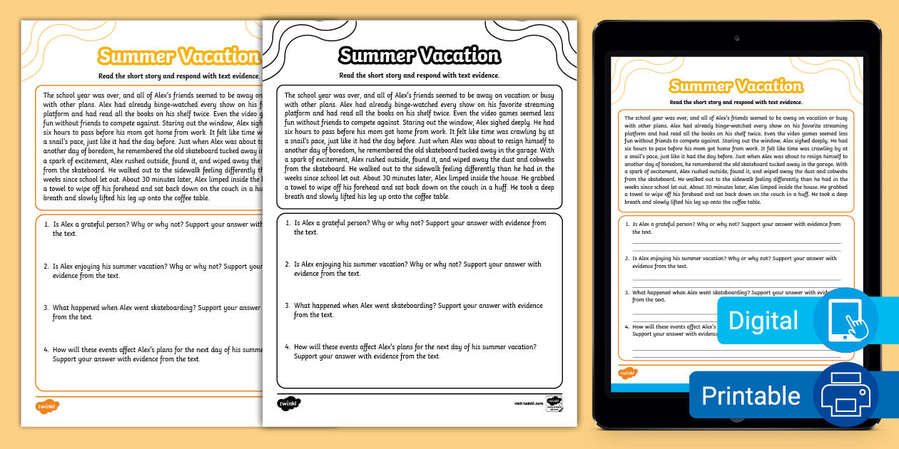 Prove It! Summer Vacation Text Evidence Worksheet for 6th-8th