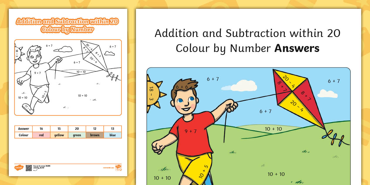 Summer-Themed Addition and Subtraction to 20 Colour By Number Worksheet