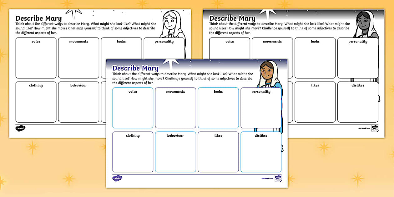 Mary Nativity Themed Adjectives Worksheet (teacher made)