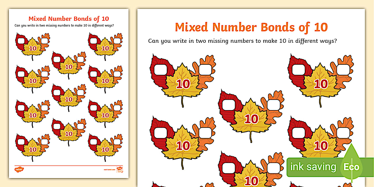 Black and White Autumn Leaf Number Bonds of 10 Worksheet