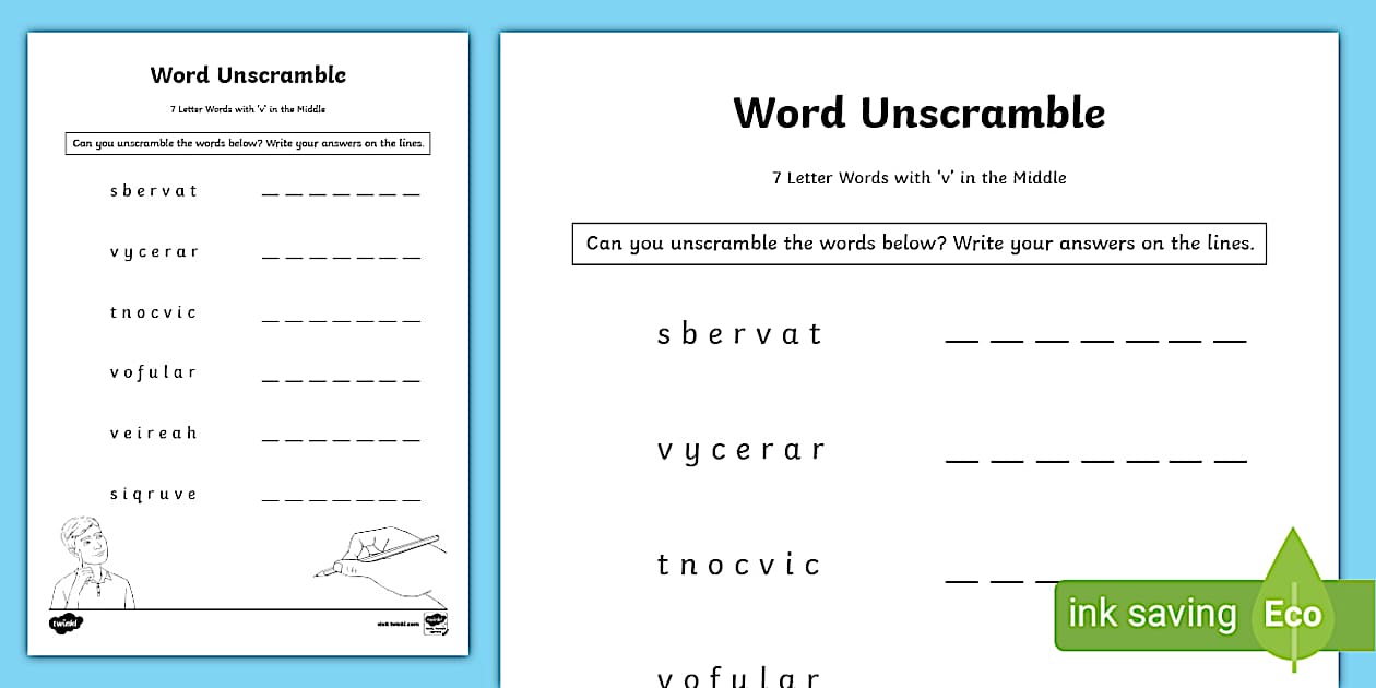 Unscramble the 7 Letter Words with 'v' in the Middle Worksheet