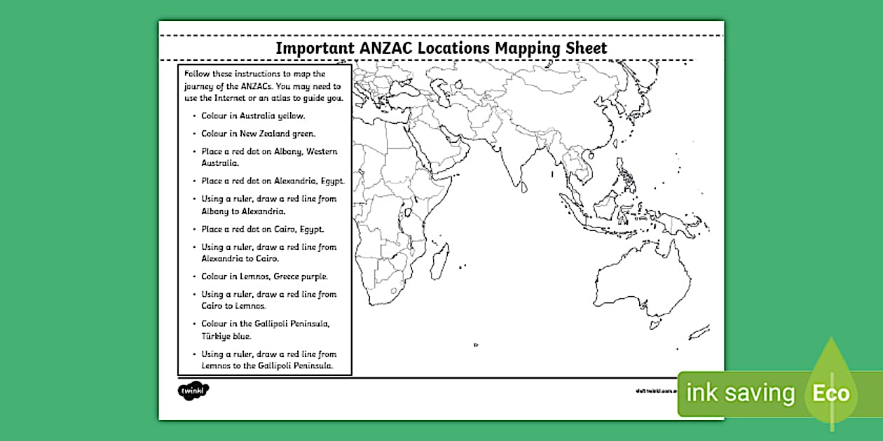 Important ANZAC Locations Mapping Sheet (teacher made)
