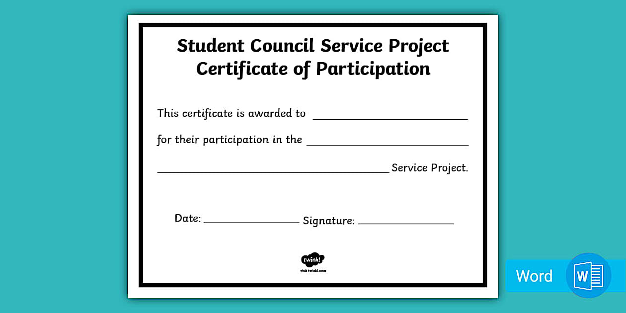 Student Council Service Project Editable Certificate